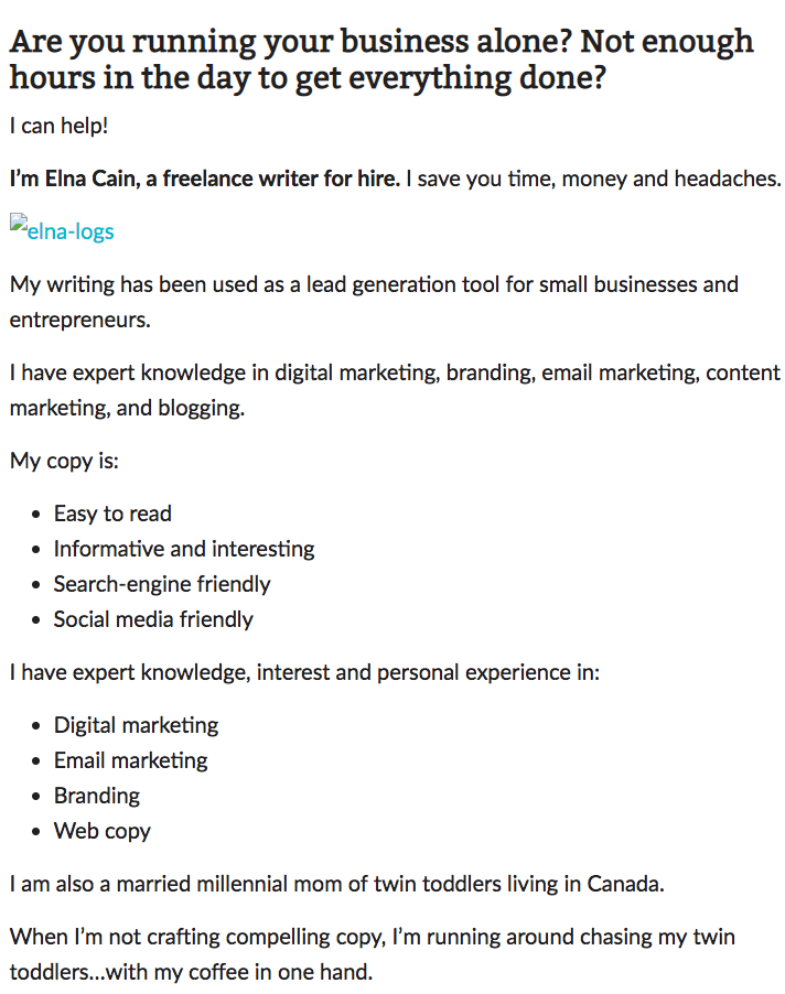 How to Write An About Me Page As a Freelance Writer - Elna Cain